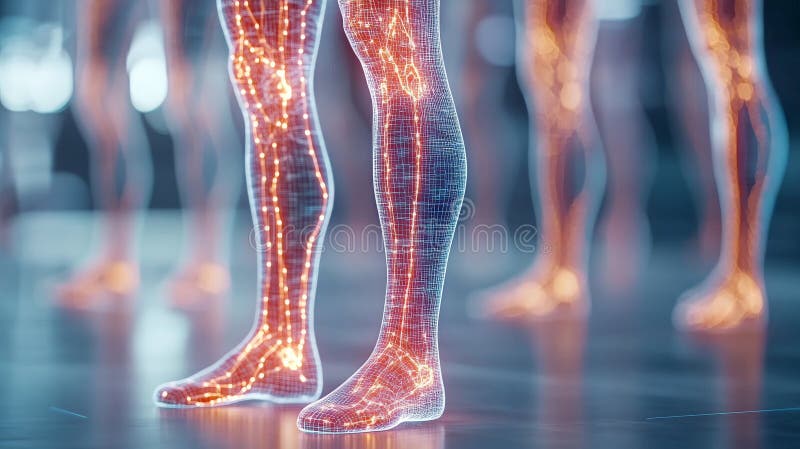 Rows of Glowing Human Legs with a Digital Grid Design, Symbolizing ...
