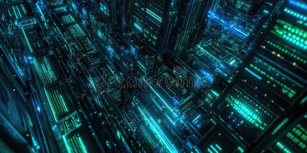 Rows of Glowing Servers with Data Lights in a Narrow, Blue-Lit Corridor ...