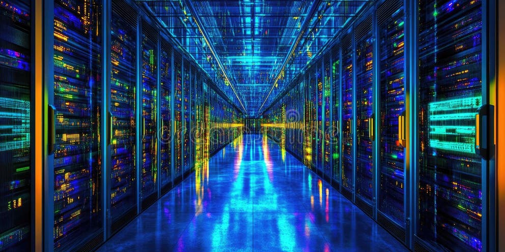 Rows of Glowing Servers with Data Lights in a Narrow, Blue-Lit Corridor ...