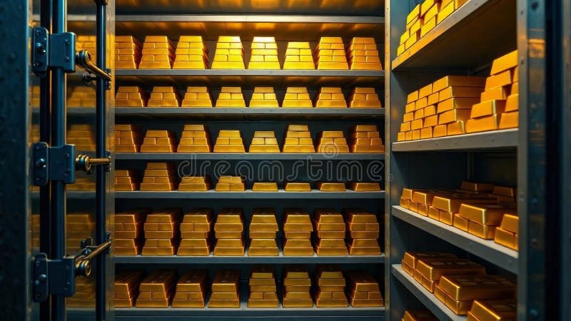 Rows of Gold Bars Stacked on Shelves in a Secure Vault Stock Photo ...