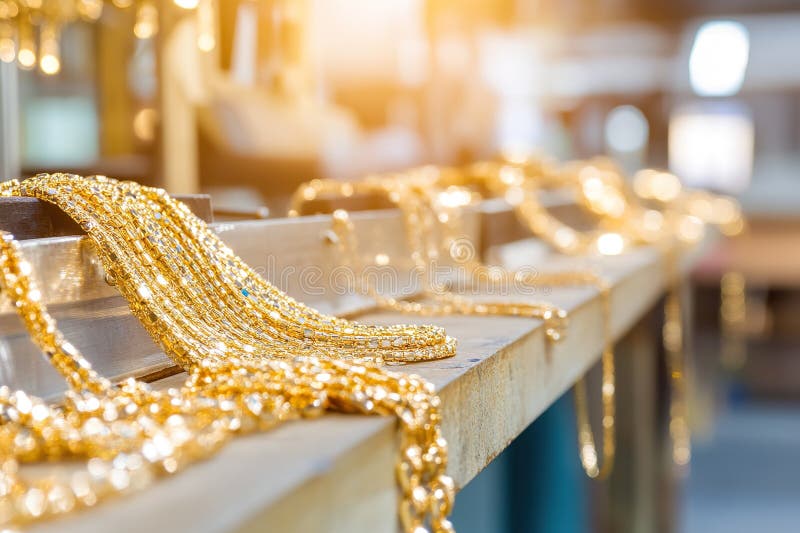 Rows of Gold Chains Glittering on Display in Jewelry Workshop Stock ...
