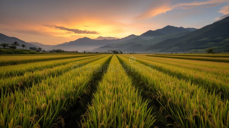 Rows of Golden Rice Field at Sunset in the Mountains Stock Illustration ...