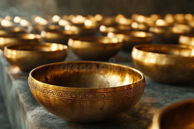 Rows of Golden Singing Bowls on Stone Surface in Warm Light Stock ...