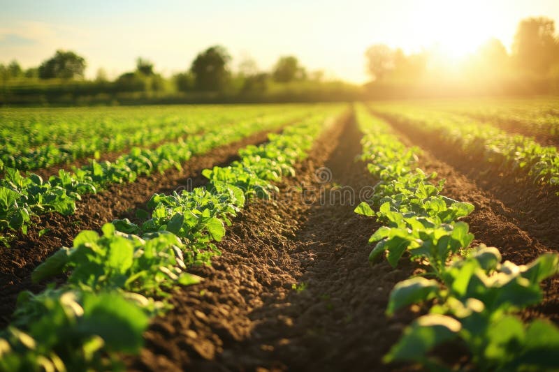 Rows of Green Crops Growing in a Field at Sunset Stock Illustration ...