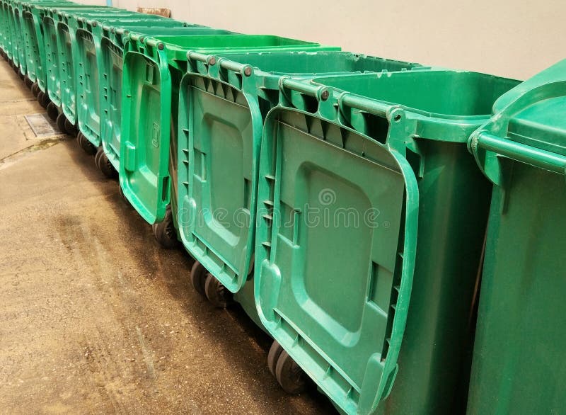 Rows of Green Plastic Recycling Bin. Stock Image - Image of litter ...