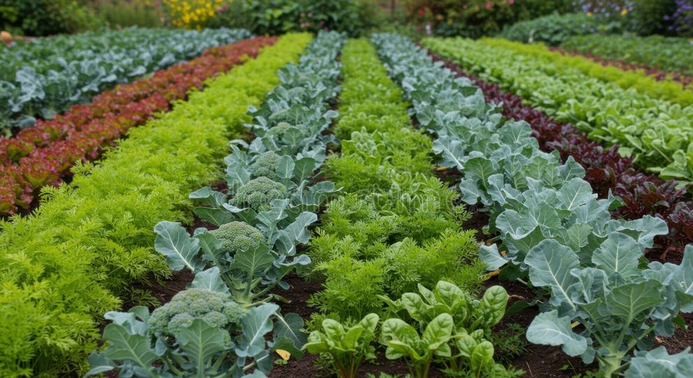 Rows of Green and Red Leafy Vegetables Growing in a Garden Stock ...