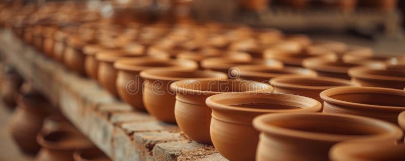 Rows of Handcrafted Clay Pots in a Pottery Workshop, Close-up View ...