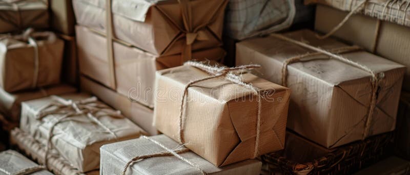 Rows of Heavily Wrapped Cardboard Boxes in a Storage Facility, Emphasizing Bulk Packaging and ...