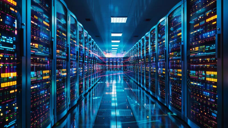 Illuminated Server Room with Rows of High Tech Servers and Vibrant LED ...