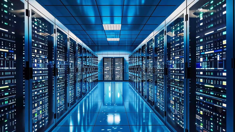 Rows of High-tech Servers Occupy a Spacious Data Center, Illuminated by ...