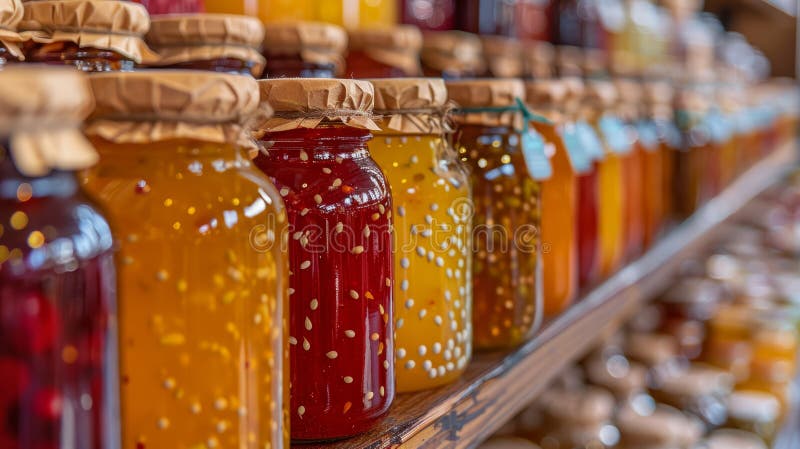 Rows of Honey and Jam Jars on a Shelf Stock Photo - Image of containers ...