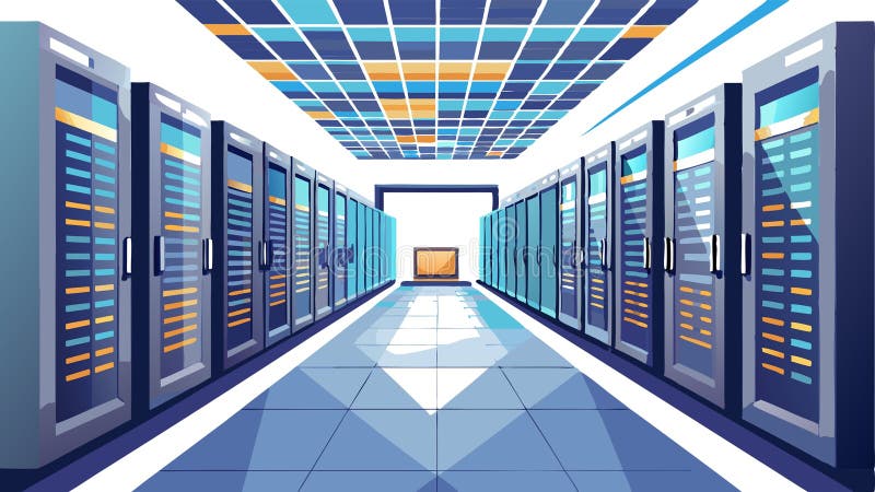 Rows of Humming Server Racks Line the Corridor, Showcasing a Modern ...