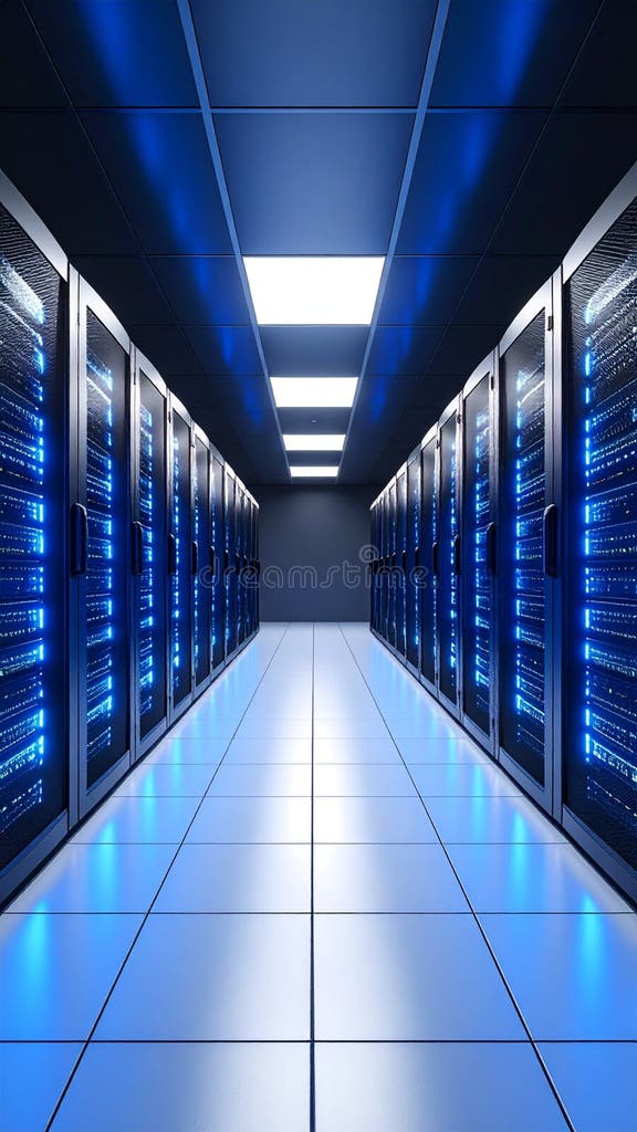 Rows of Illuminated Computer Server Racks in a Futuristic Data Center Facility Stock Photo ...