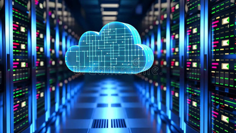 A Digital Cloud Symbol Floating Above Rows of Data Servers in a High ...