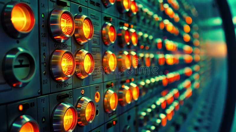 Vintage Mixing Console with Illuminated Knobs and Faders Creating Warm ...