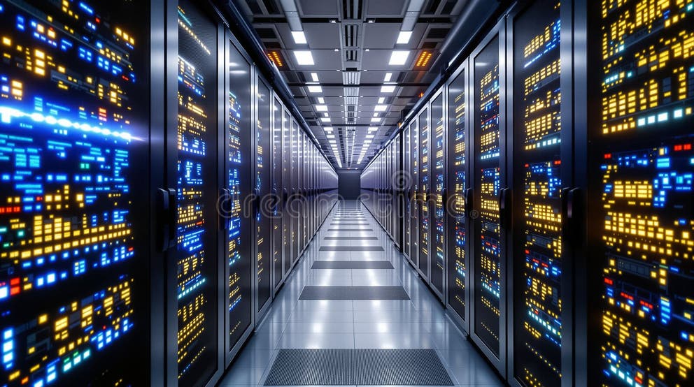 Rows of Illuminated Server Racks Create a Vibrant Atmosphere in a High ...