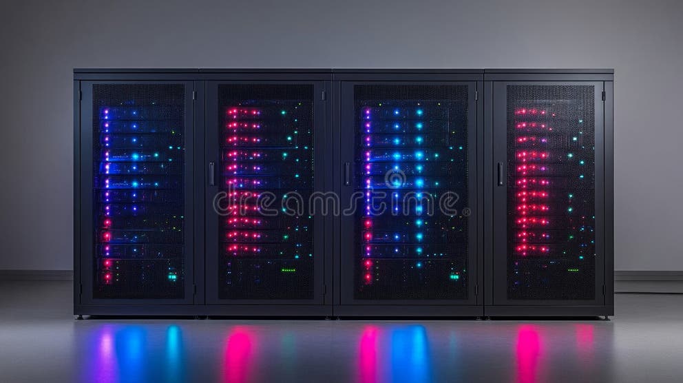 Rows of Illuminated Server Racks Display Vibrant Blue and Pink Lights ...