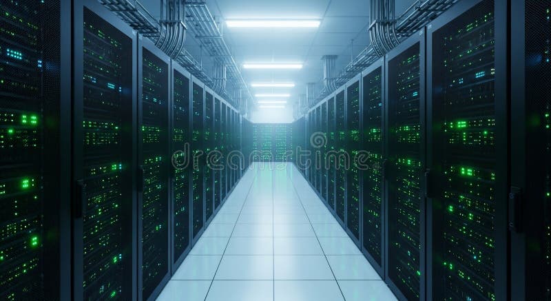 Rows of Illuminated Server Racks in a Modern Data Center with Green ...