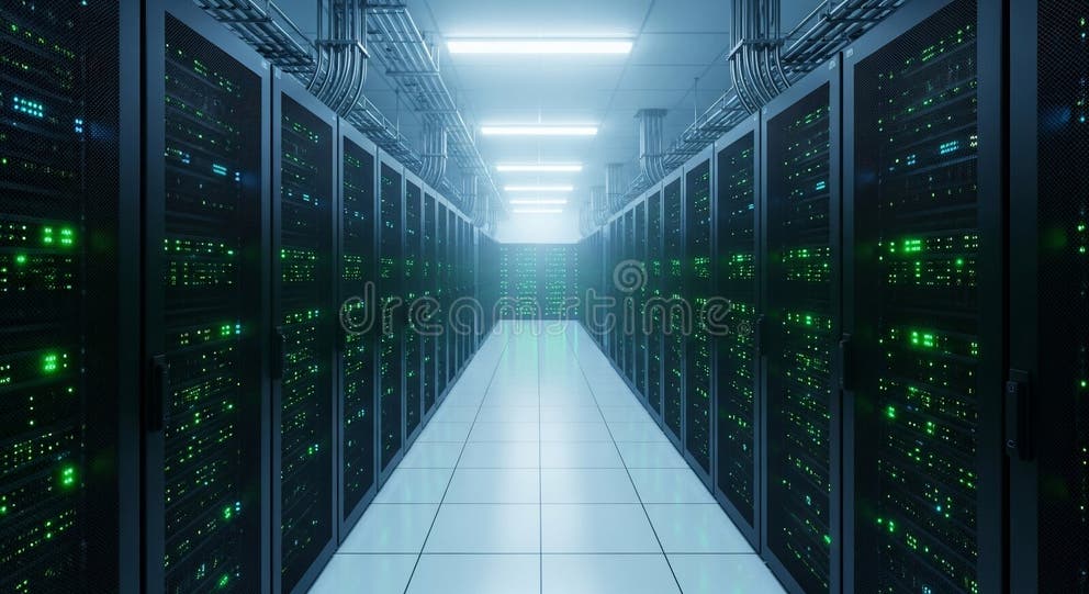 Rows of Illuminated Server Racks in a Modern Data Center with Green ...