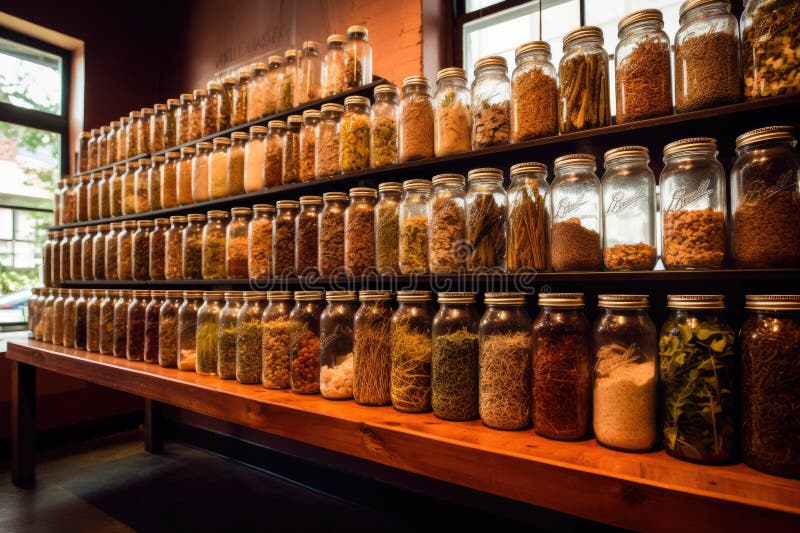 Rows of Labeled Jars Filled with Dried Herbs Stock Image - Image of ...