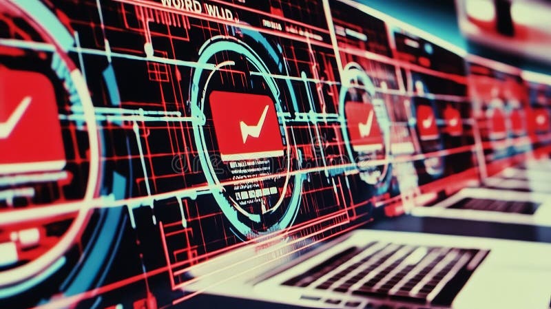 Rows of Laptops Showing Red Warning Icons on Digital Screens Stock ...