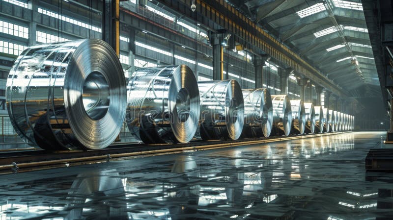 Rows of Large Aluminum Rolls Lined Up in an Industrial Warehouse with a ...