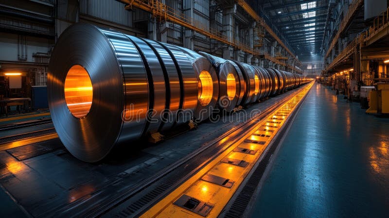 Rows of Large Metal Coils in a Factory Setting with Lighting Reflecting ...
