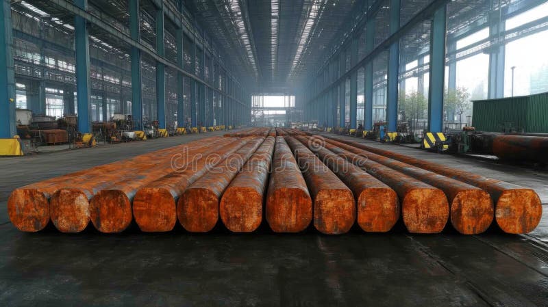 Rows of Large, Round Steel Bars Sit in an Industrial Warehouse Stock ...