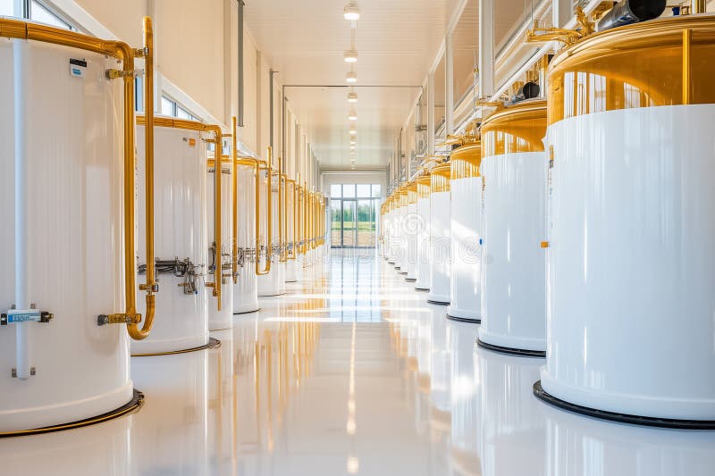 Rows of Large Storage Tanks in an Industrial Facility. Bright and Clean ...