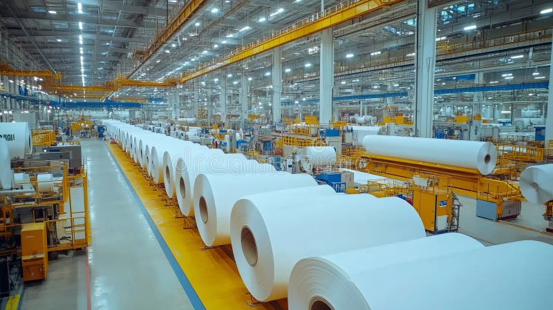 Rows of Large White Paper Rolls in a Modern Factory, Industrial Paper ...