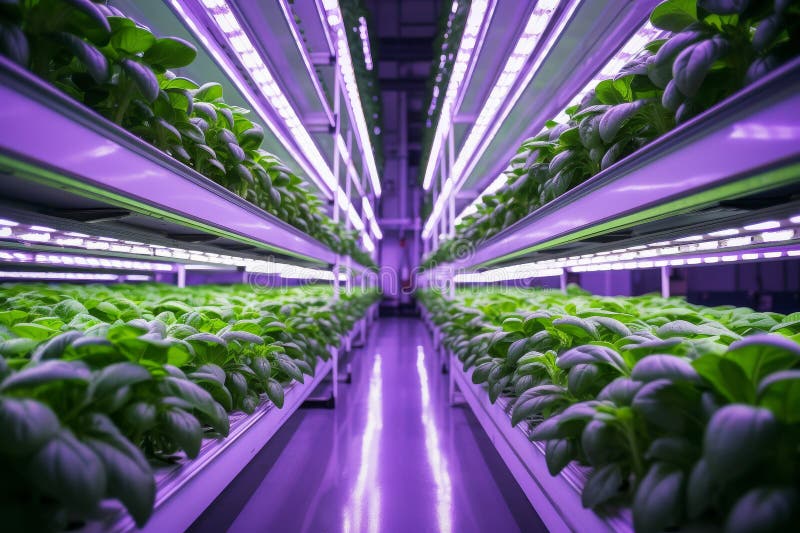 Rows of Leafy Basil Plants Growing Under LED Lights in a Modern Indoor ...