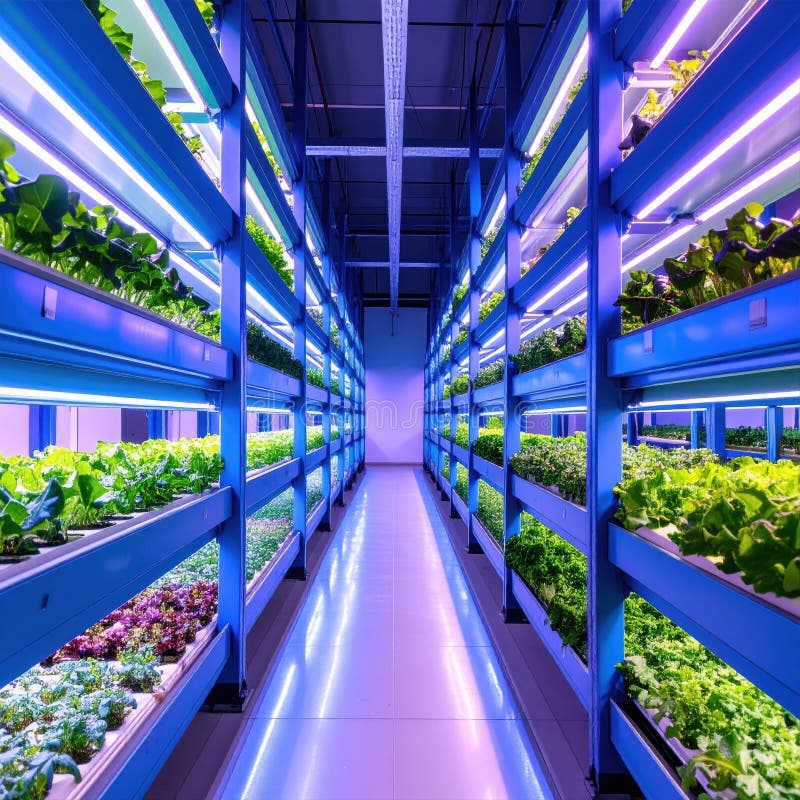 Rows of Leafy Greens Grow in an Indoor Vertical Farm Under Artificial ...