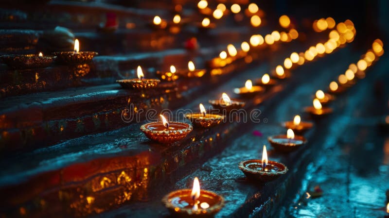 Rows of Lit Diya Lamps on a Dark Stone Surface Stock Illustration ...