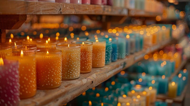 Rows of Lit Scented Candles on Shelves Stock Photo - Image of retail ...