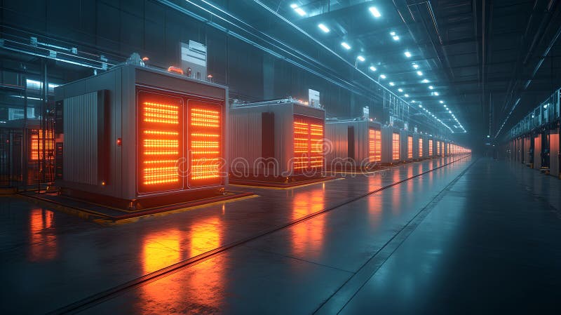 Rows of Lithium Ion Batteries in Large Storage Facility Stock ...