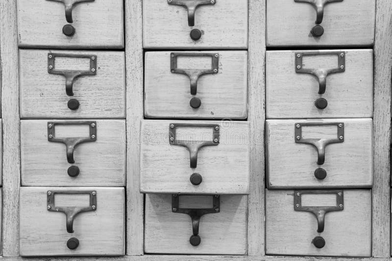 Rows of Little Drawers with White Empty Tags in an Old Furniture Module ...