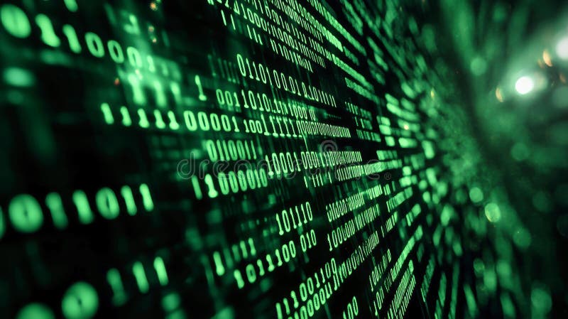 Rows of Luminous Green Binary Code Create a Digital Ambiance Reminiscent of Cinematic Technology ...