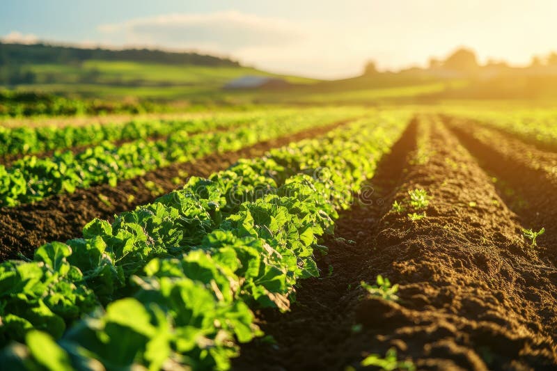 Rows of Lush Green Crops Growing in a Field at Sunset Stock ...