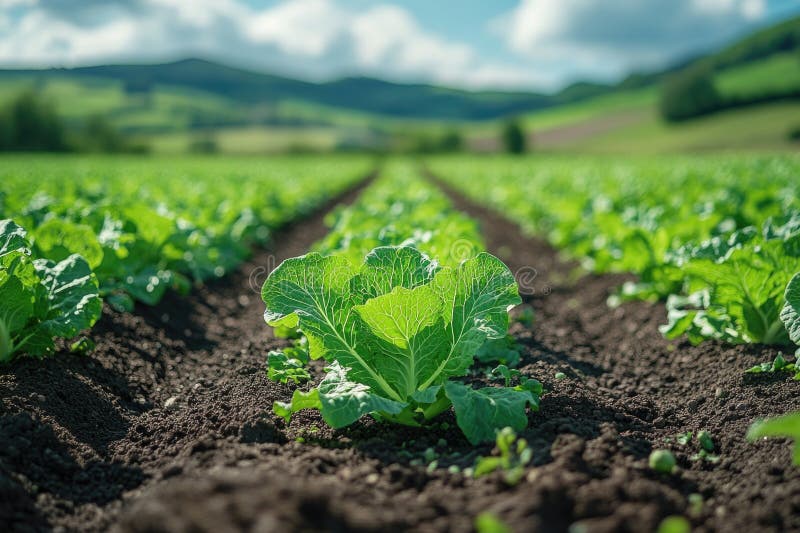 Rows of Lush Young Cabbage Growing on a Farm U Stock Illustration ...