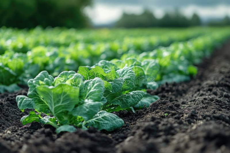 Rows of Lush Young Cabbage Growing on a Farm U Stock Illustration ...