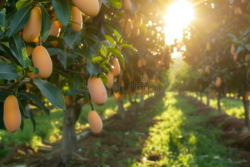 Rows of Mango Trees with Hanging Fruits in Bright Sunlight Stock Image ...
