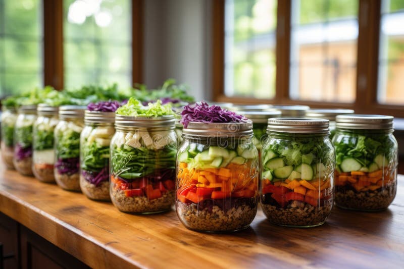 Rows of Mason Jar Salads on Kitchen Counter Stock Illustration ...