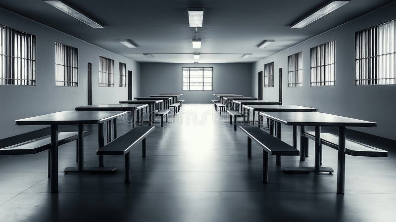 Rows of Metal Tables and Benches Stand in an Empty Prison Cafeteria ...