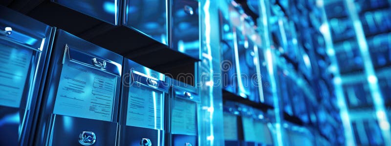 Rows of Metallic Filing Cabinets Illuminated by Blue Light with ...