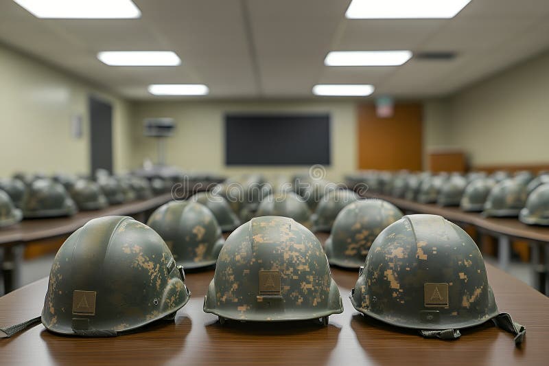 Rows of Military Helmets on Desks in a Classroom Setting, Symbolizing ...