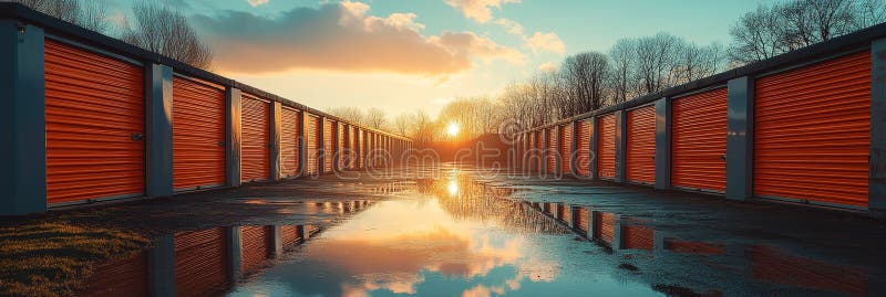 Rows of Modern Orange Storage Units with a Dramatic Sunset Reflection ...