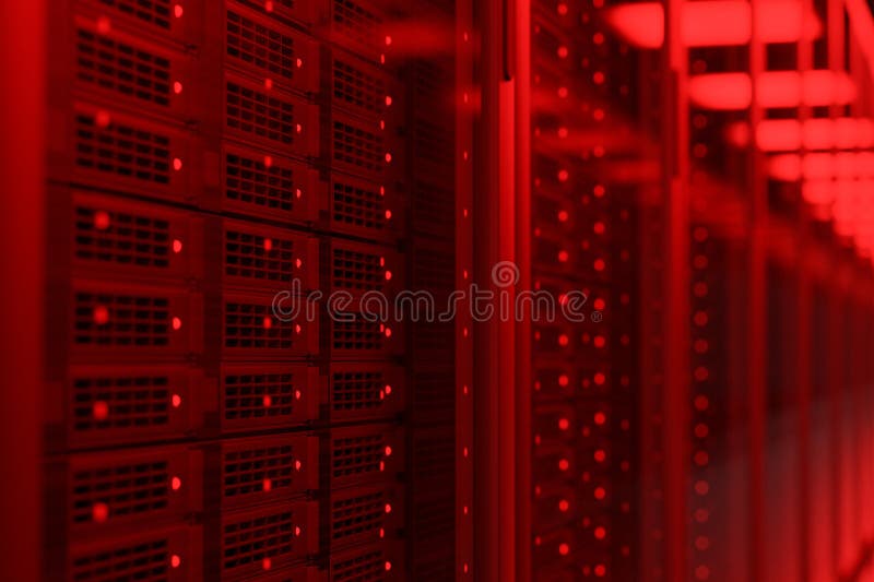 Rows of Server Racks in Red Illumination. 3d Render Stock Illustration ...