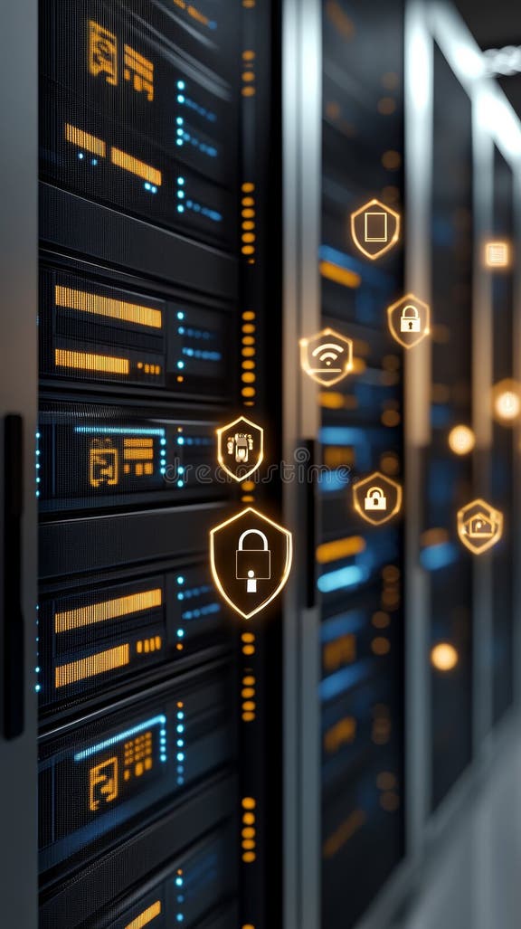 Rows of Modern Server Racks in a Data Center Featuring Holographic ...