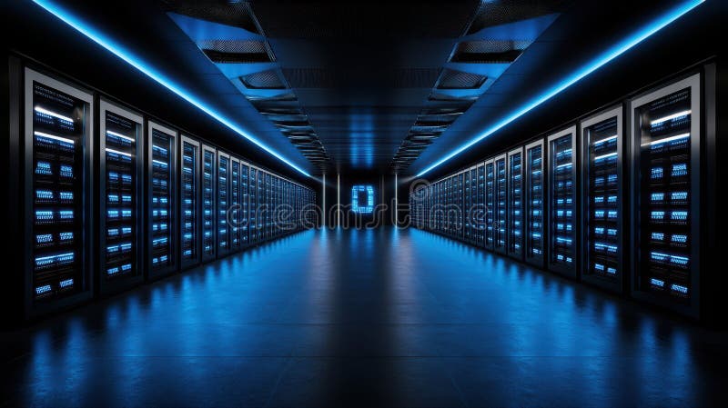 Rows of Modern Server Racks Glow with Blue Neon Light Inside a Data ...