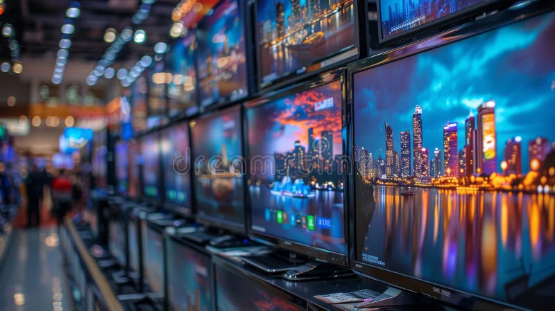 Rows of Modern TVs Displaying Vibrant Cityscapes in an Electronics ...